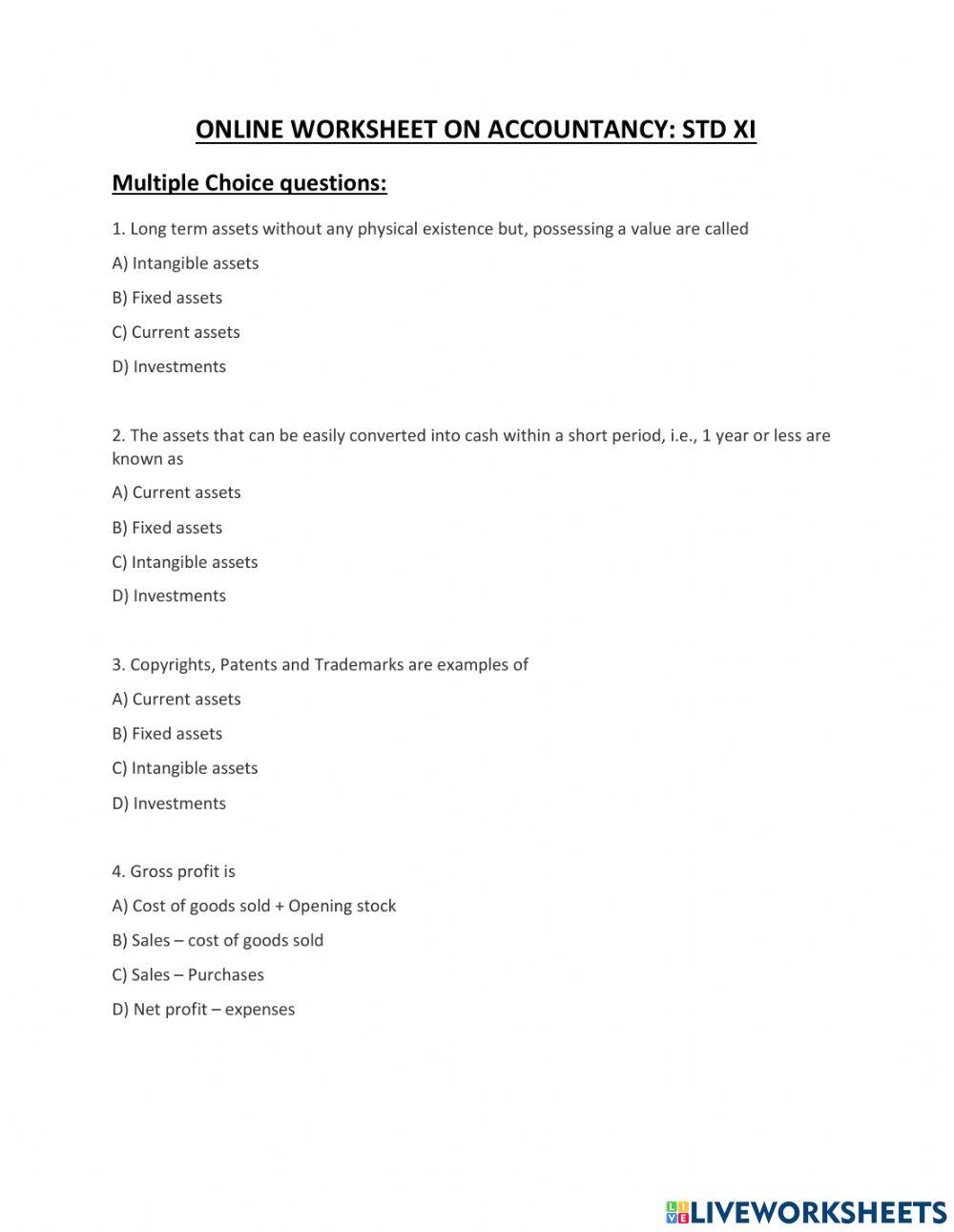 Online worksheet of Accountancy, Std : XI online exercise for | Live ...