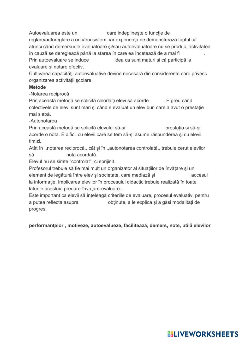 Autoevaluarea worksheet | Live Worksheets