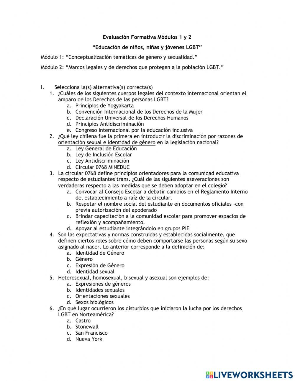 Evaluación Módulo 1 y 2 Educación de niños, niñas y jóvenes LGBT ...