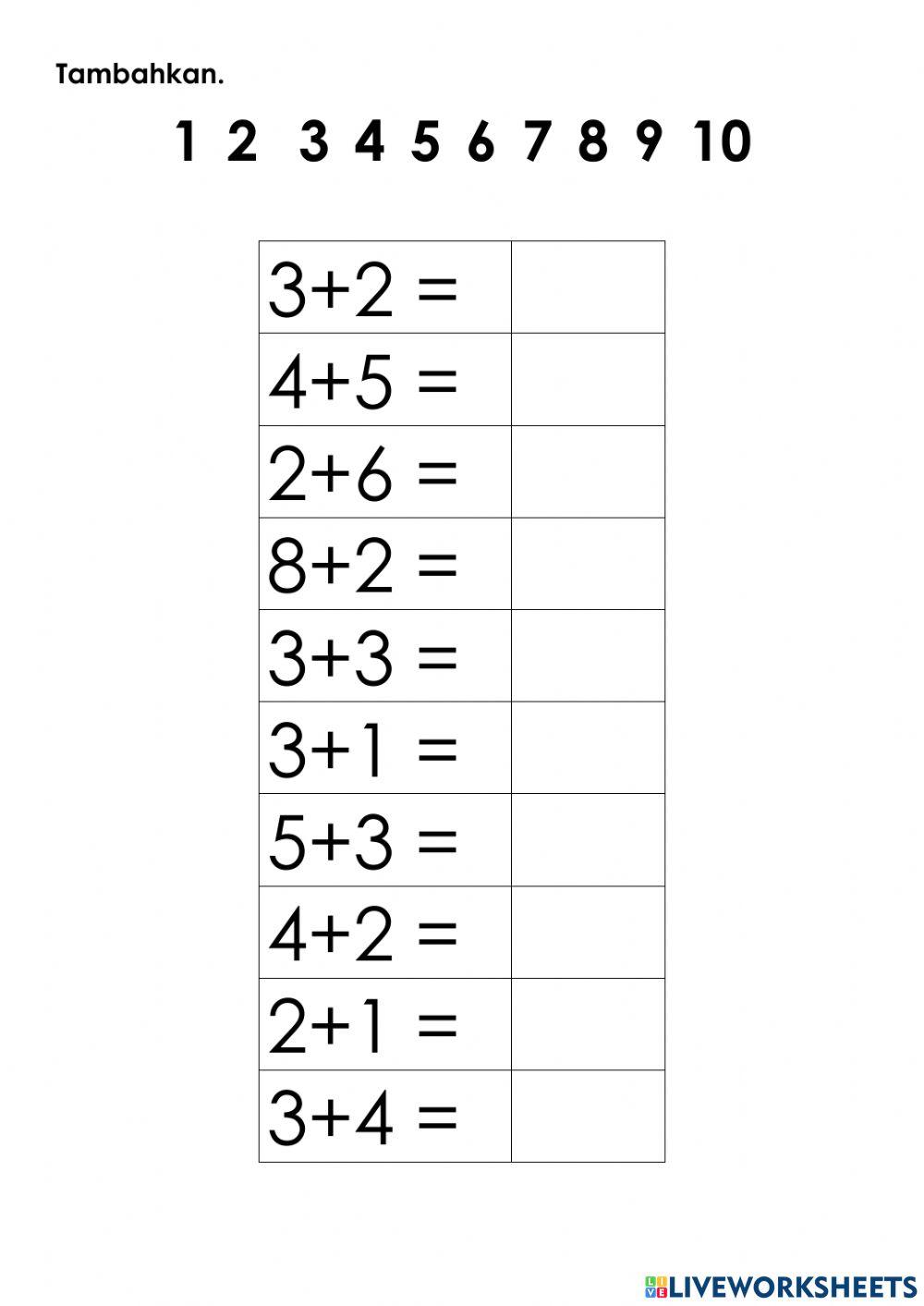 Operasi tambah activity for preschool | Live Worksheets