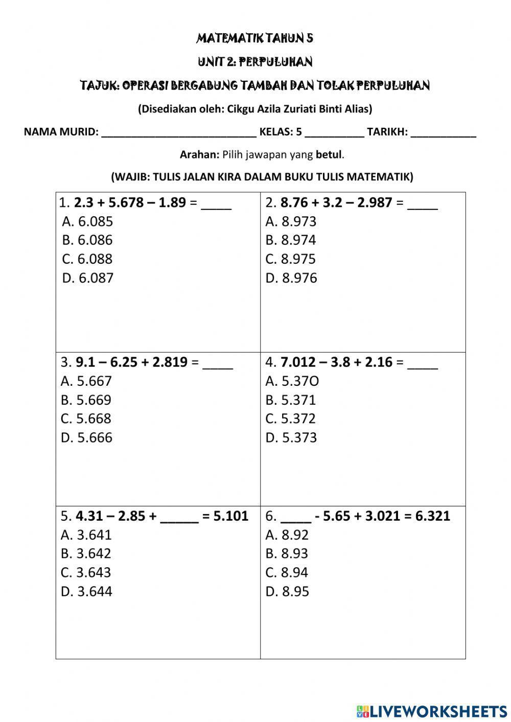 1090859 | Perpuluhan tambah tolak tahun 5 | AZILAZURIATI