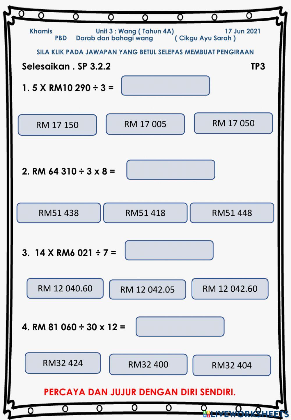 Darab dan bahagi tahun 4 worksheet | Live Worksheets