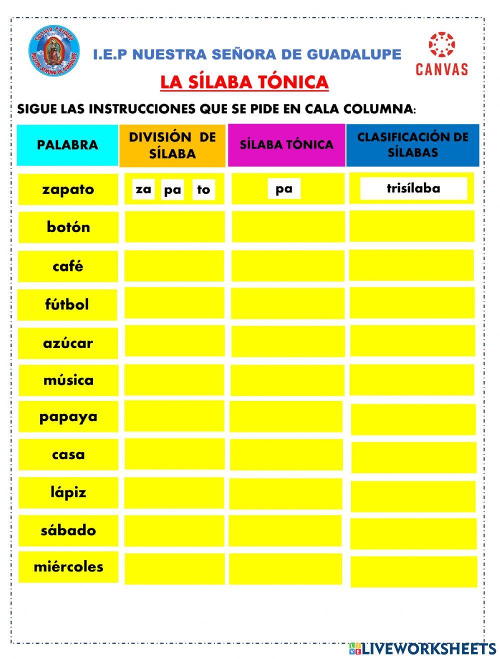 Silaba tonica activity for tercer gado | Live Worksheets