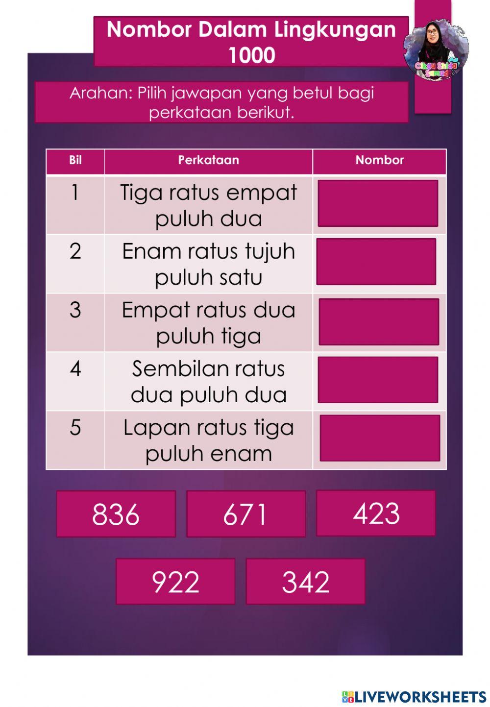 Nombor Dalam Lingkungan 1000 activity | Live Worksheets