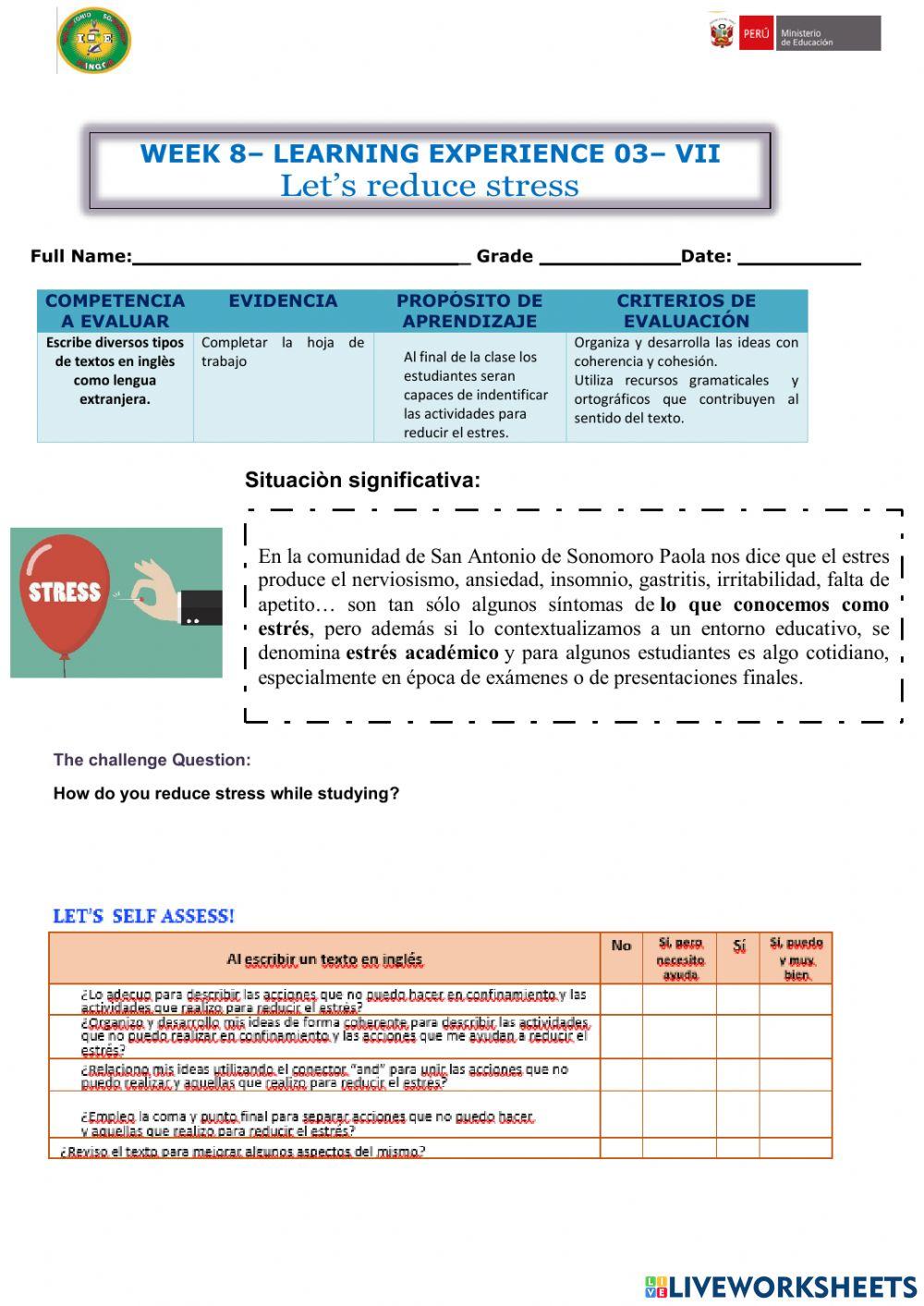 Let's reduce stress online exercise for elementary | Live Worksheets