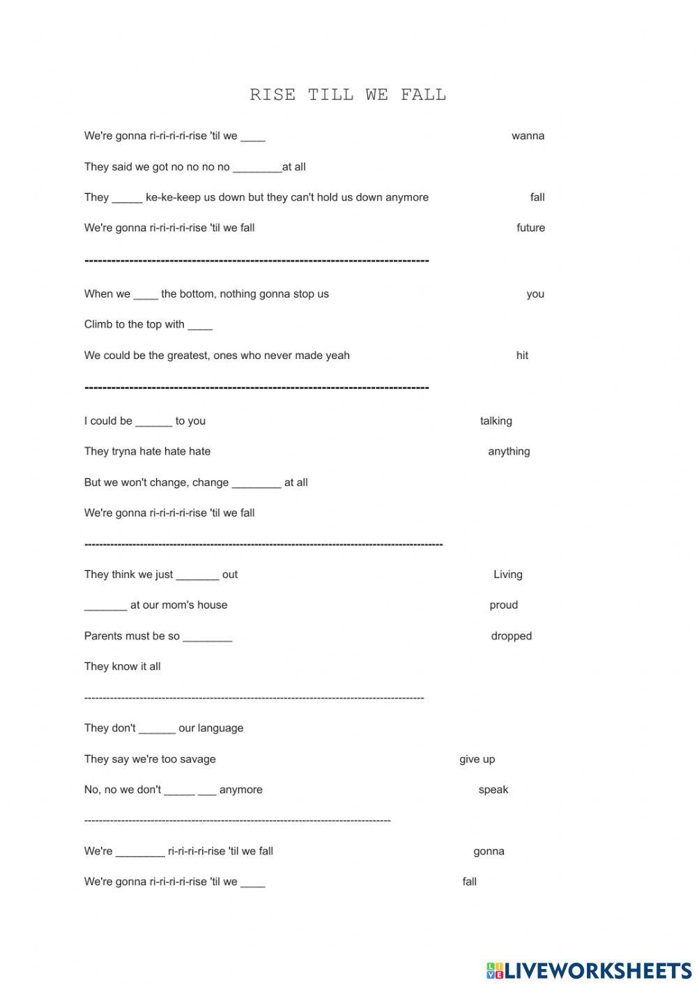 Rise till we fall worksheet | Live Worksheets
