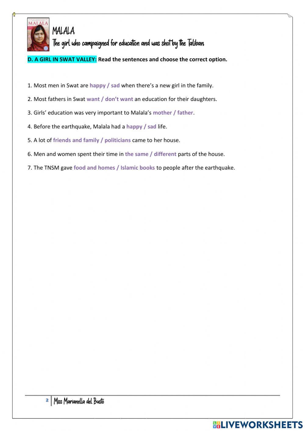 Malala Act 1 worksheet | Live Worksheets