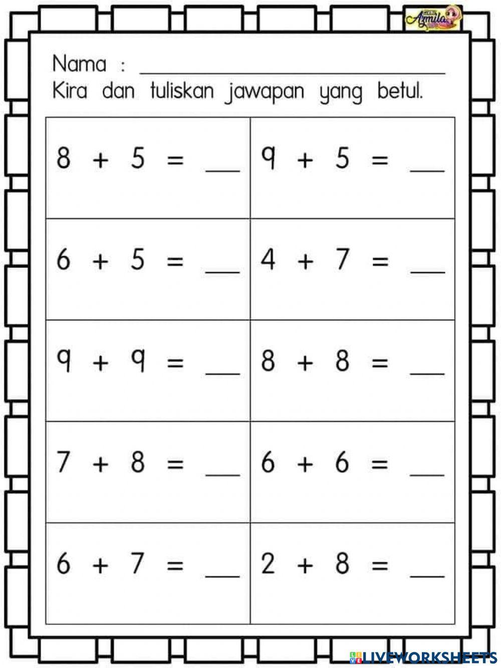 Tambah online pdf worksheet | Live Worksheets