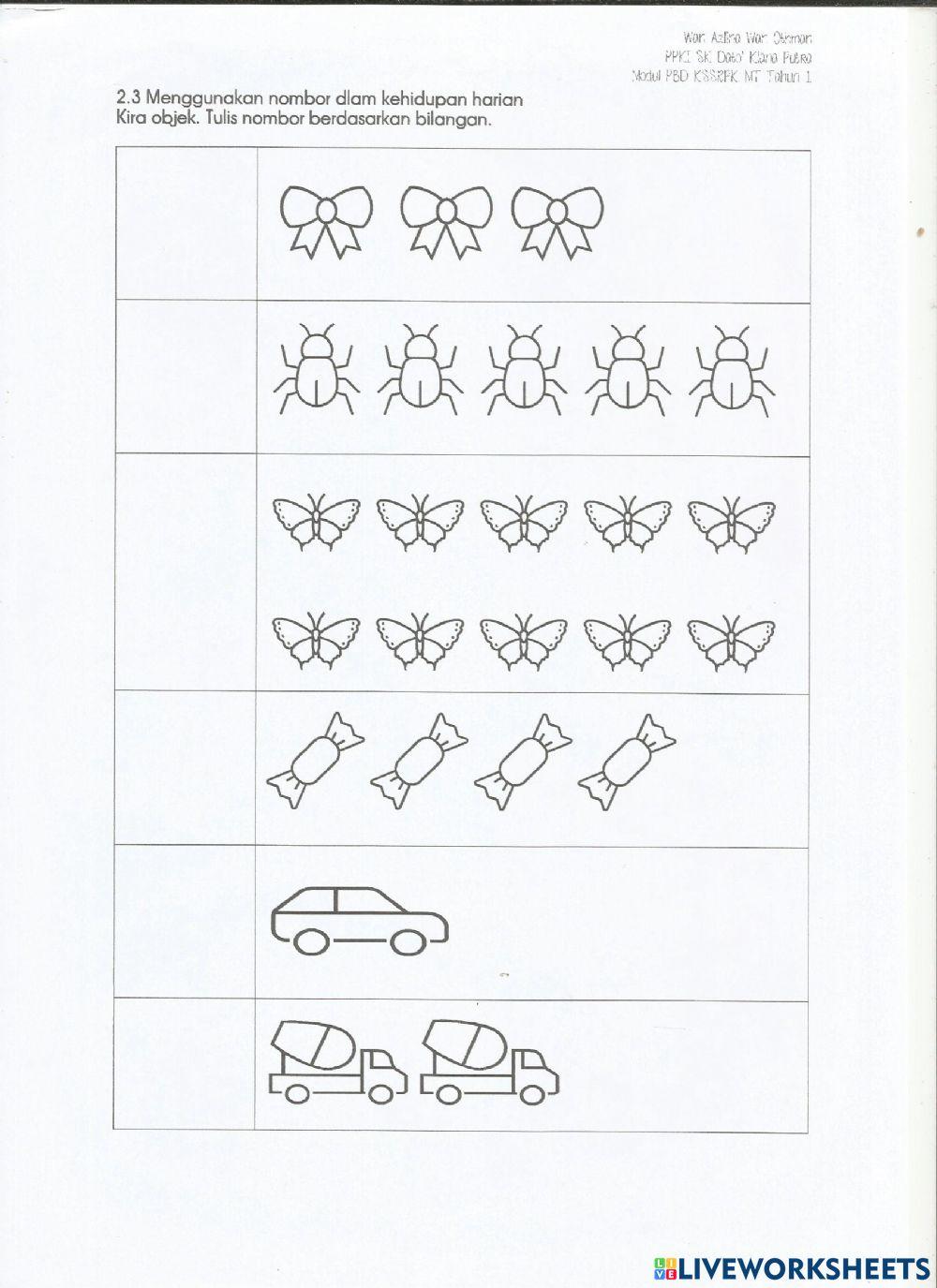 Kira objek dan tulis nombor worksheet | Live Worksheets