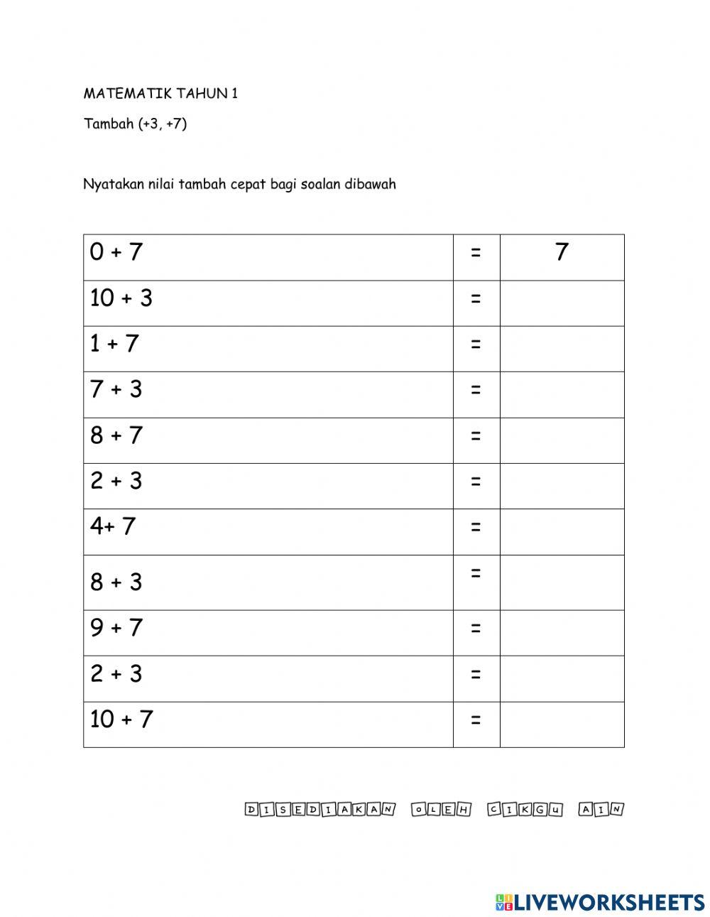 Tambah activity for tahun 2 | Live Worksheets