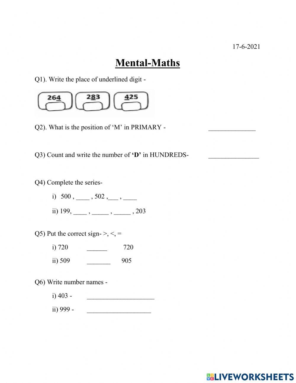 1093513 | Mental maths | Jyoti Indalia | LiveWorksheets