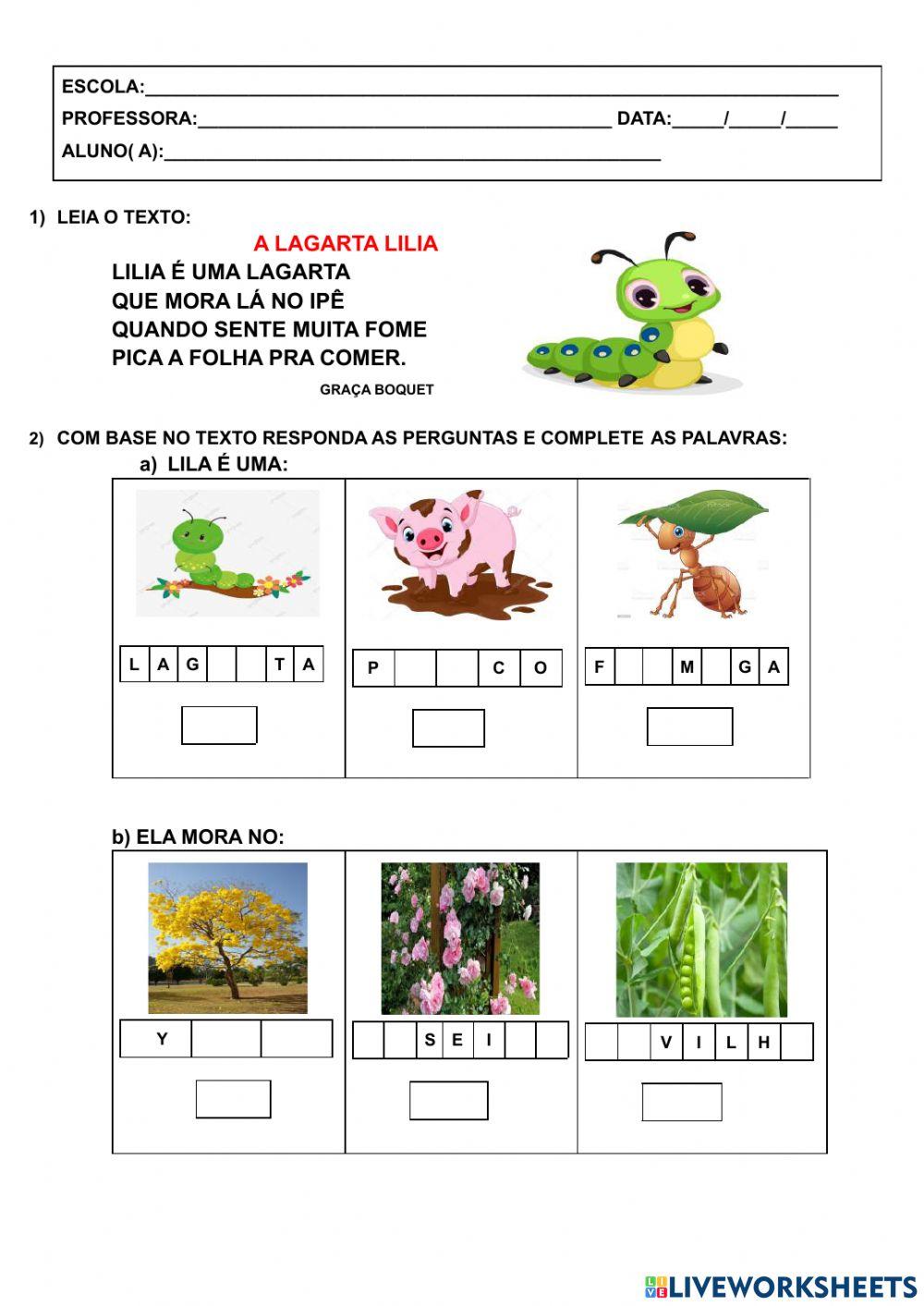 A lagarta lila | Free Interactive Worksheets | 1093672