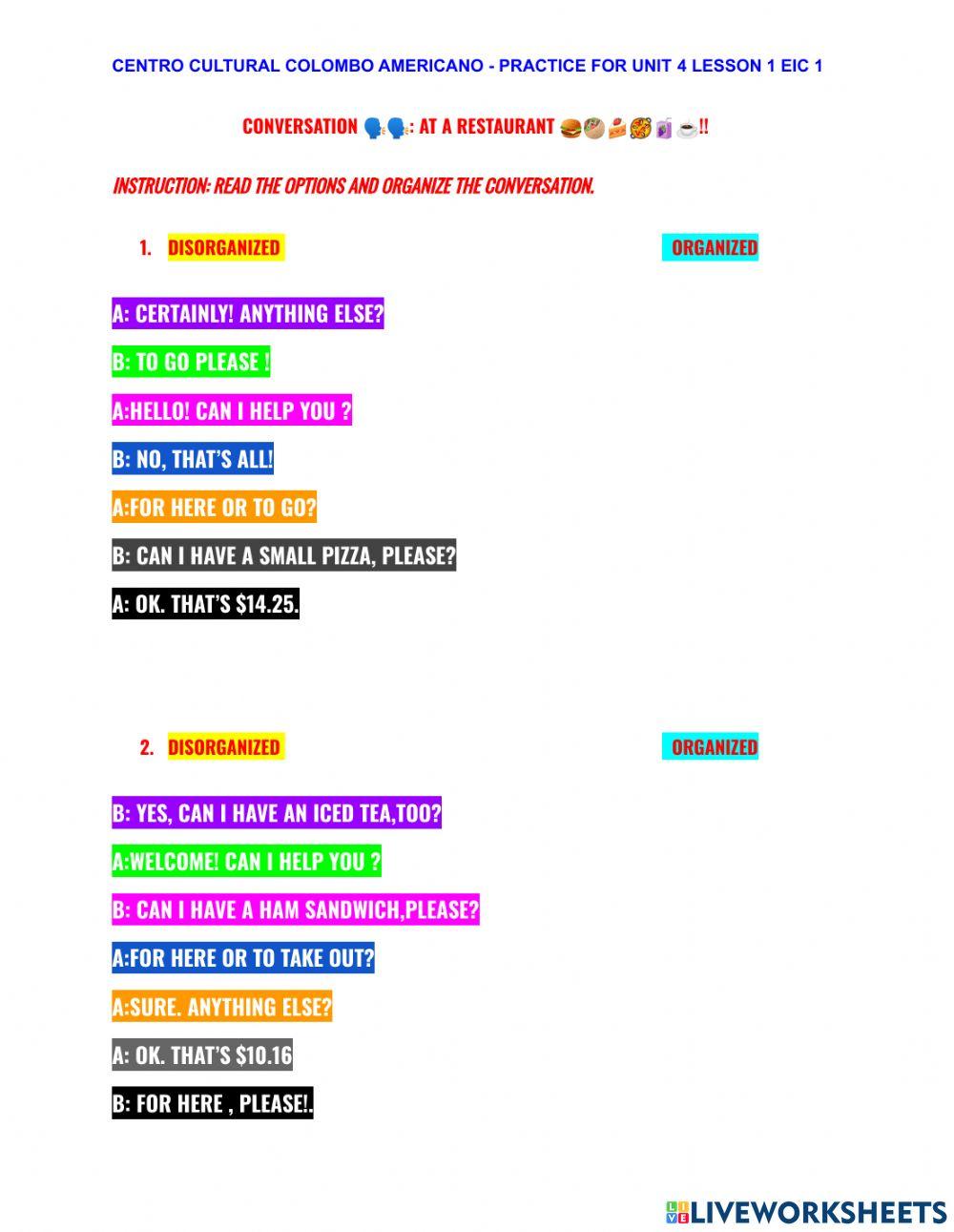 UNIT 4: CONVERSATION ??: AT A RESTAURANT ?????☕!! online exercise for ...
