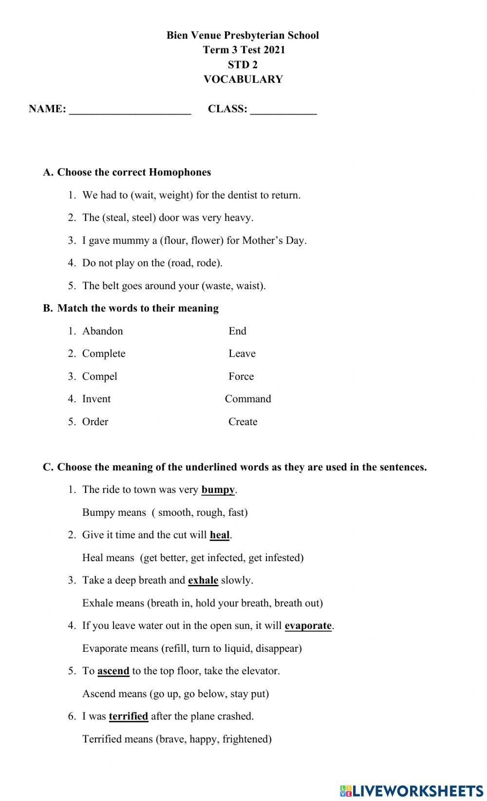 Term 3 Test Vocabulary Std2. online exercise for | Live Worksheets