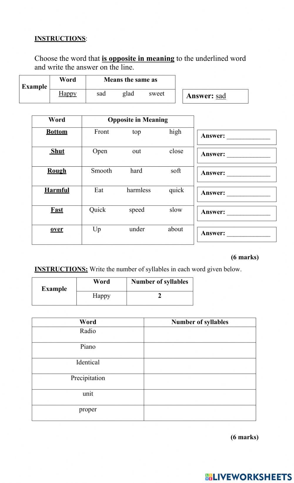 Grade 2 Vocabulary online exercise for | Live Worksheets