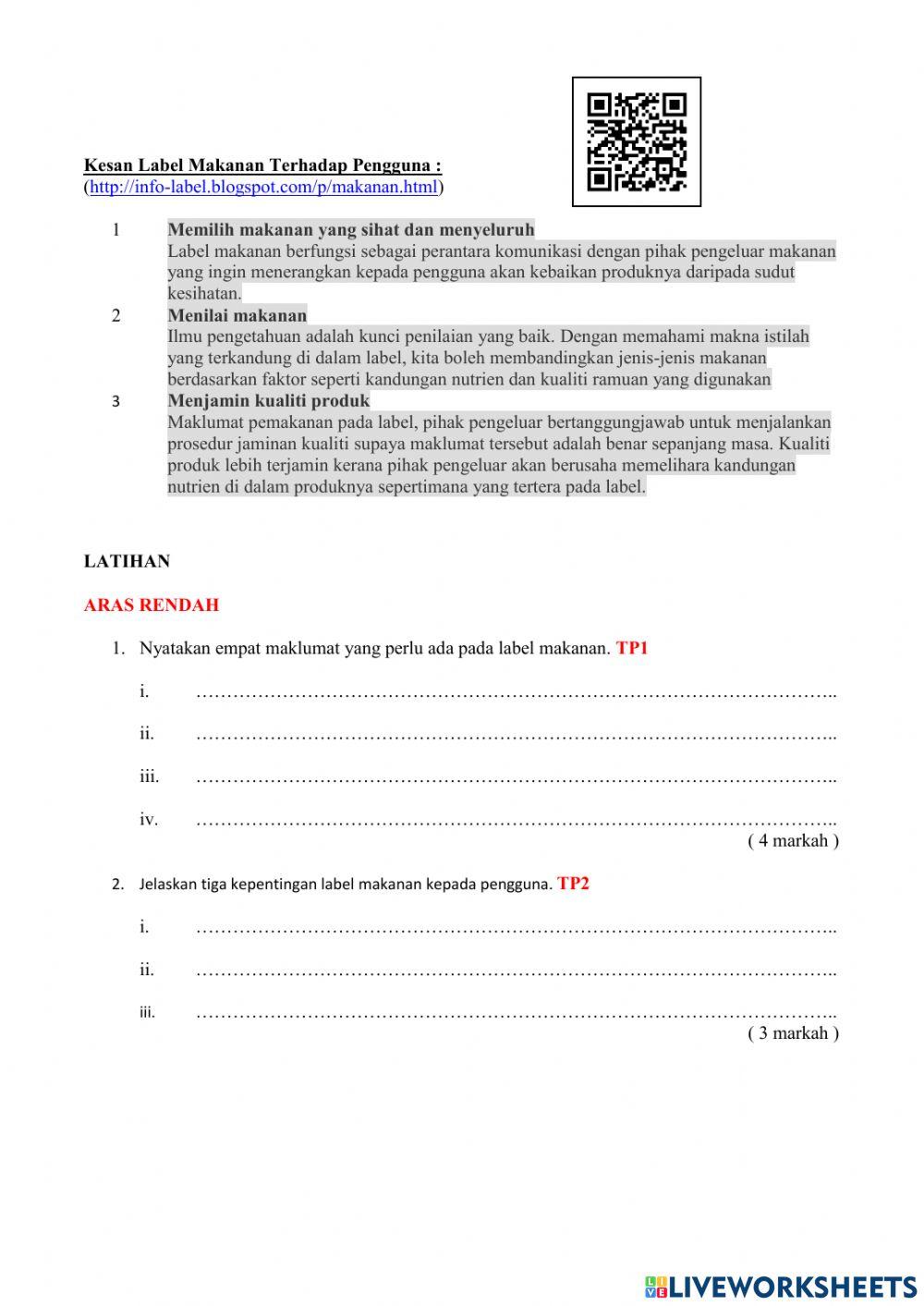 Label makanan | Nur Husnina | Live Worksheets