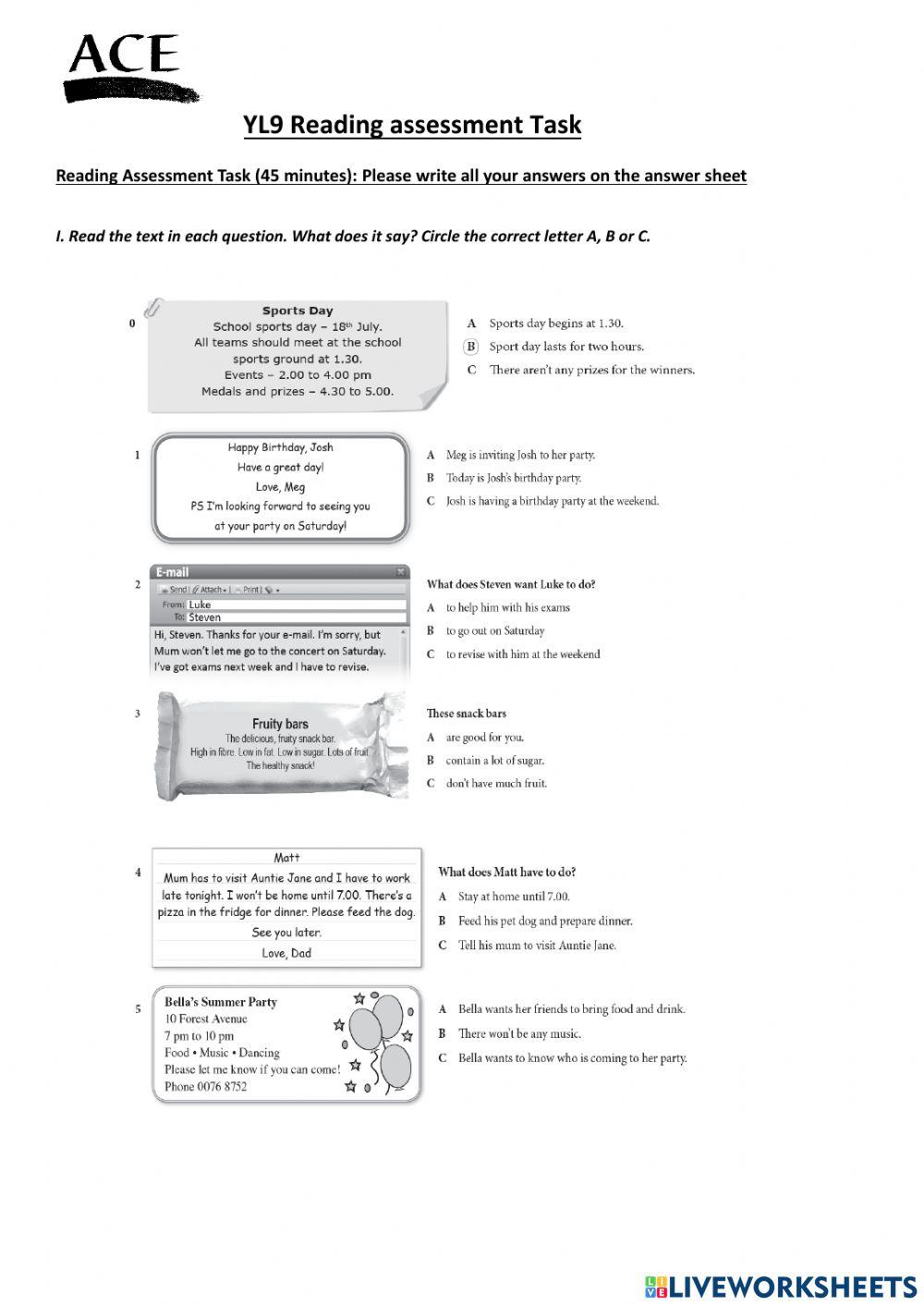 Reading online exercise for Grade 9 | Live Worksheets