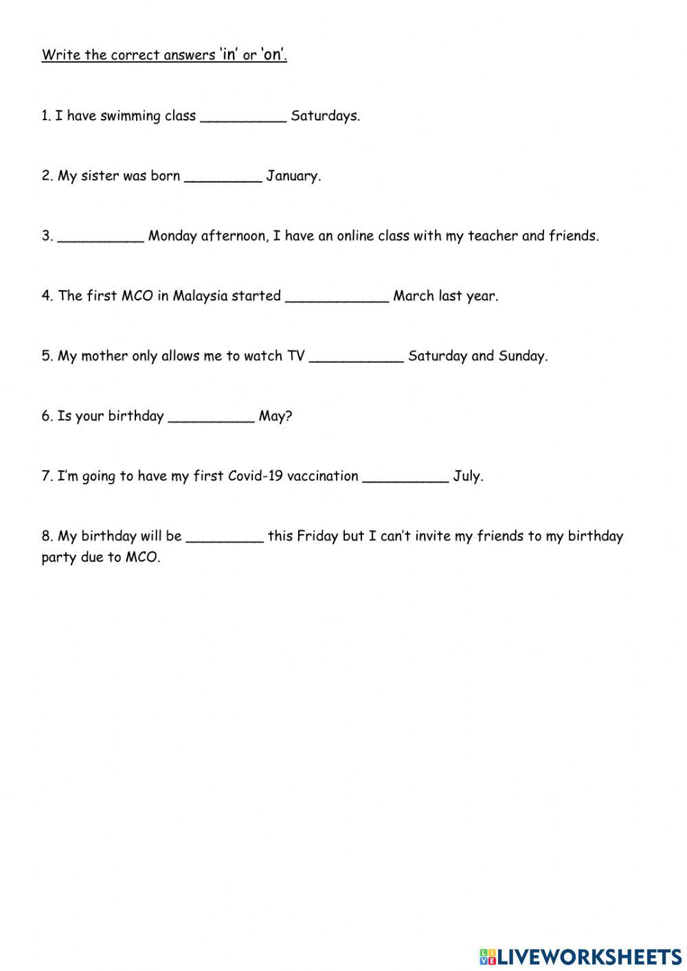 Preposition for days and months worksheet | Live Worksheets