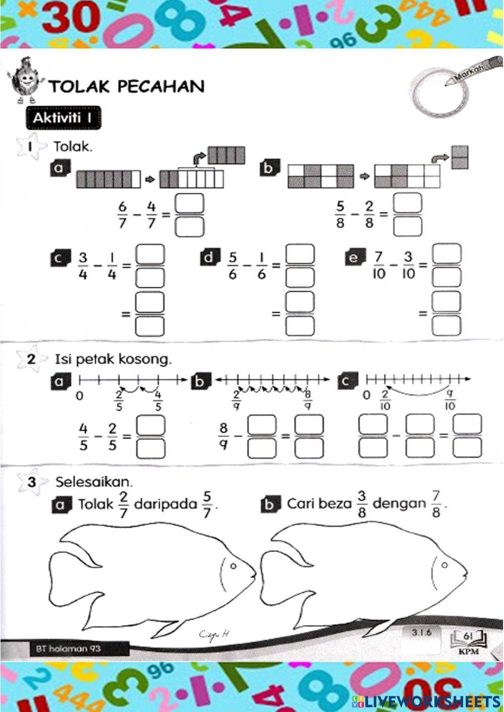 Tolak pecahan | Live Worksheets