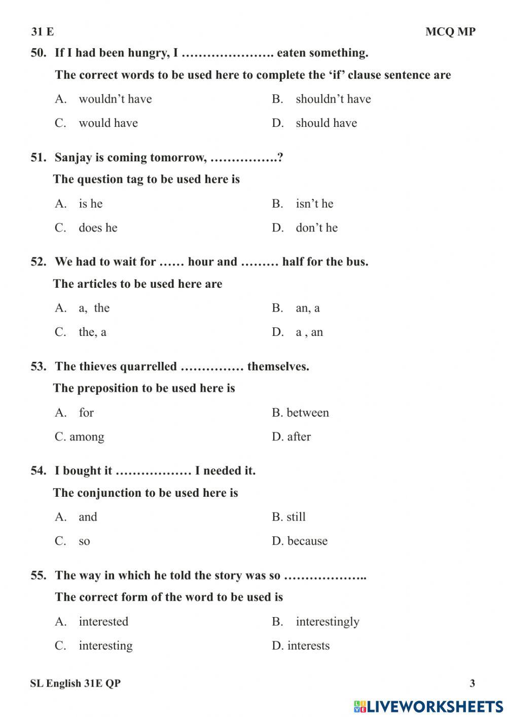Sslc model paper 2020-21 worksheet | Live Worksheets