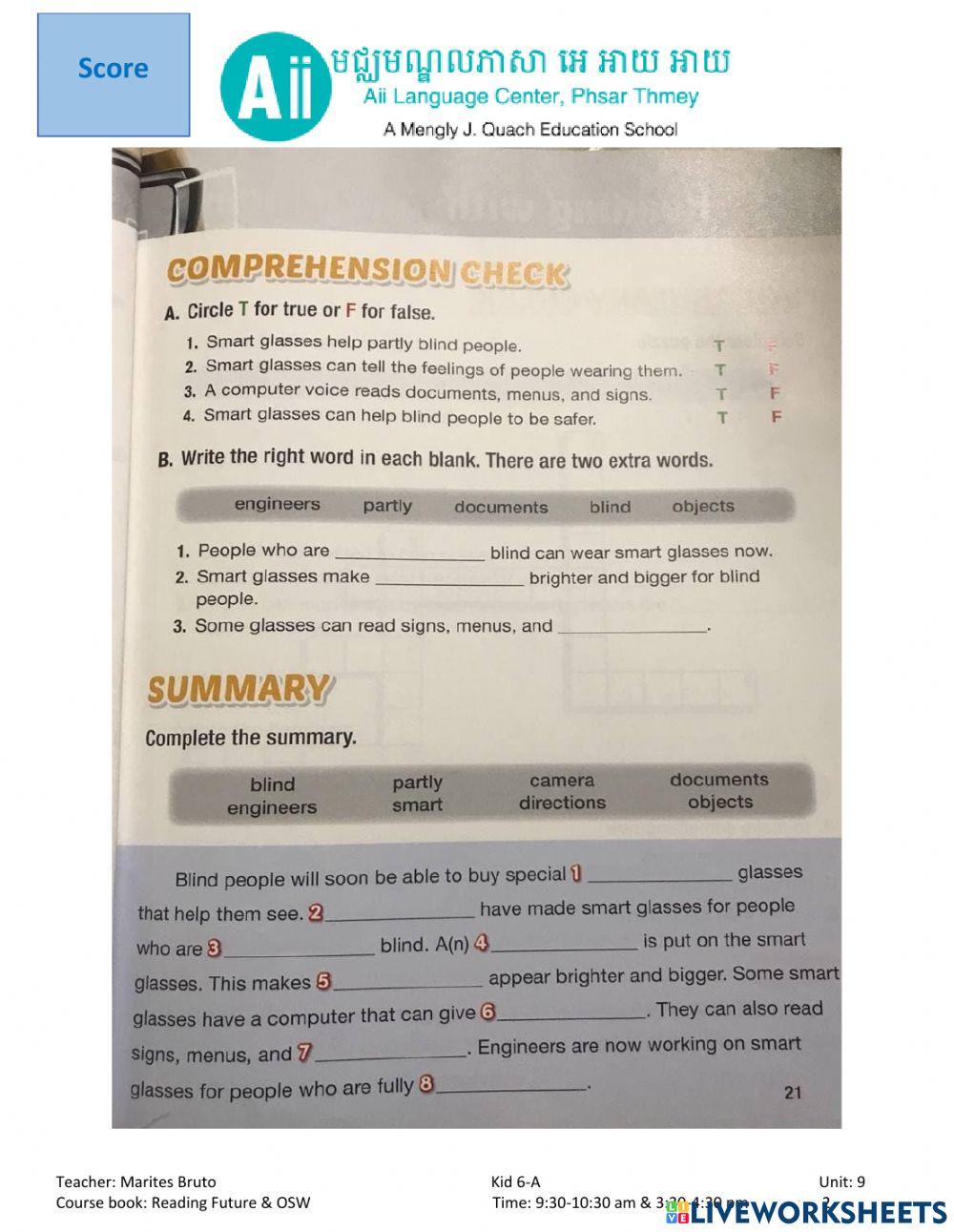 Kid 6 Reading Future Vocabulary Unit 9 Homework worksheet | Live Worksheets