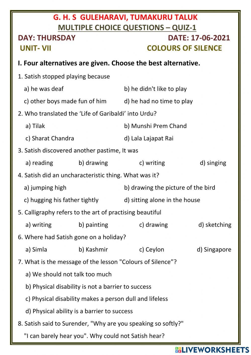 Colours of Silence Quiz-1 worksheet | Live Worksheets