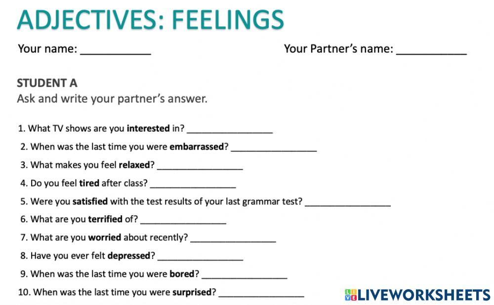 Adjectives: feelings A worksheet | Live Worksheets