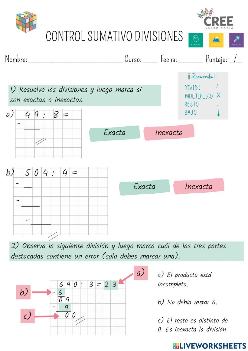 Control división interactive worksheet | Live Worksheets