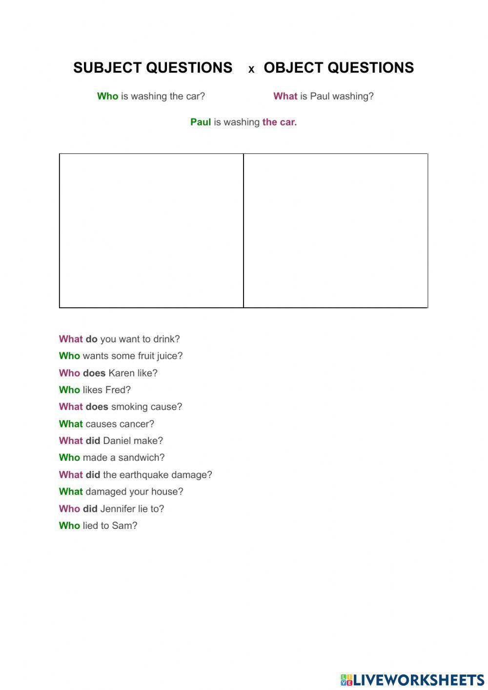 Subject and Obj… | Free Interactive Worksheets | 1096879