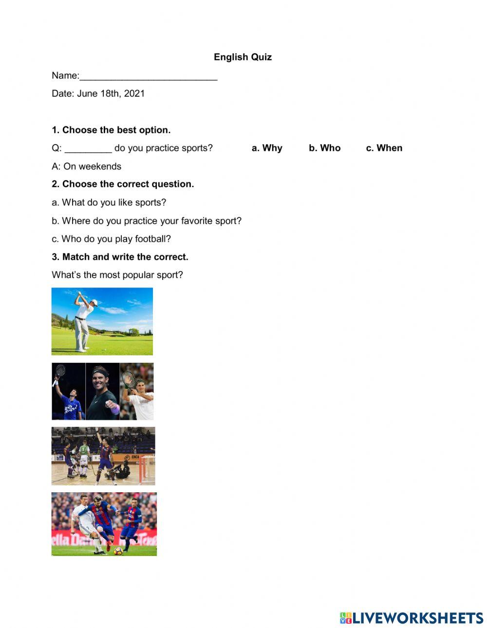 THE MOST POPULAR SPORTS online exercise for | Live Worksheets