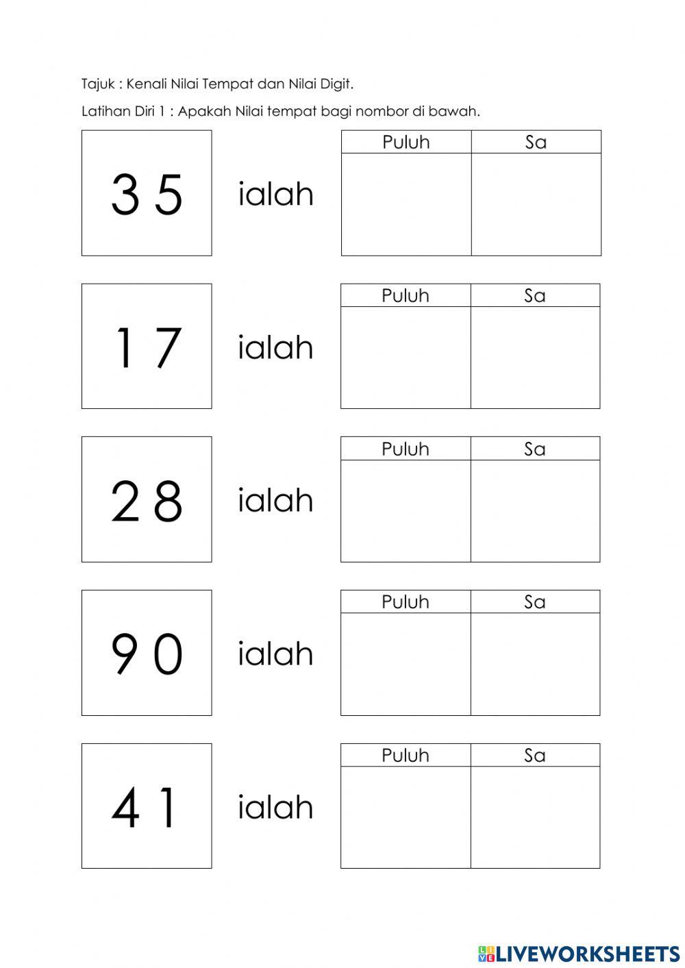 Matematik tahun 1 Matematik activity | Live Worksheets