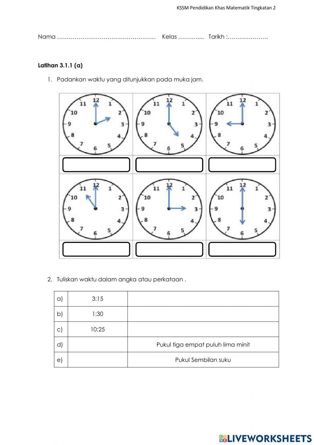 Ukuran Masa Mengikut Unit Minit dan Jam worksheet | Live Worksheets