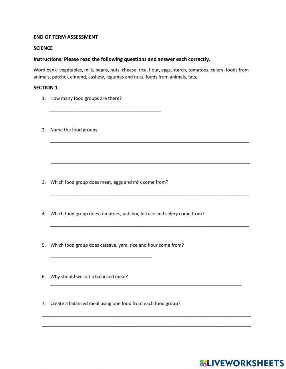 End of term assessment interactive worksheet | Live Worksheets