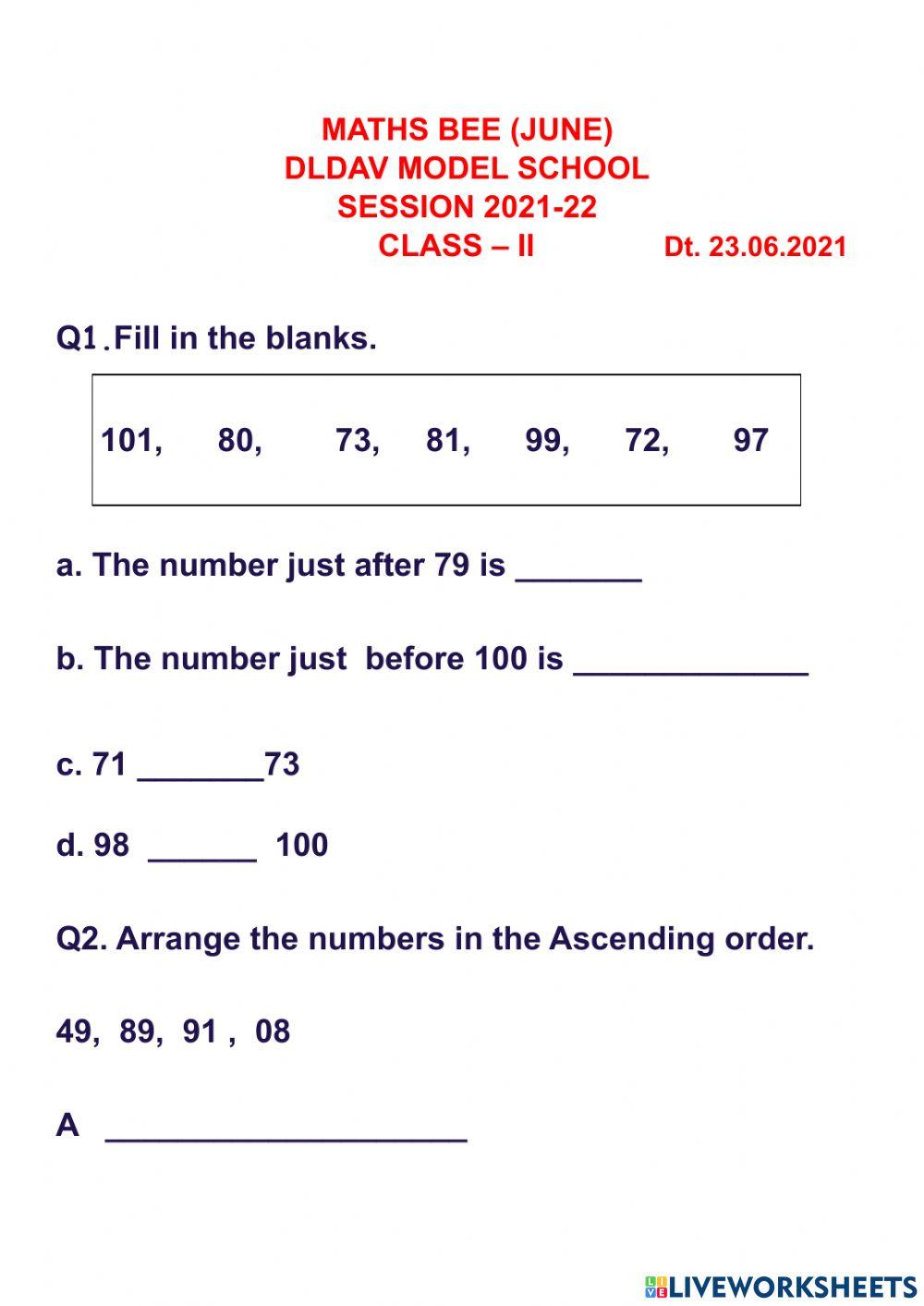 Maths bee practicework 1098726 | Alkab | Live Worksheets