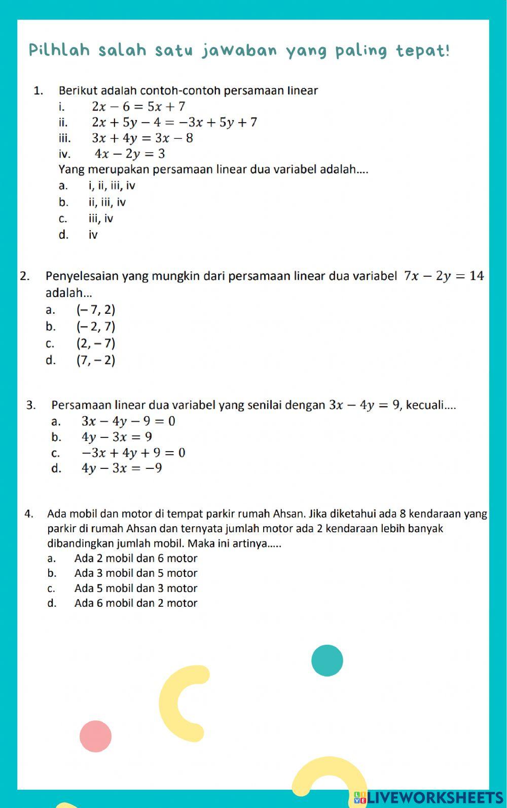 Bentuk Aljabar dan SPLDV worksheet | Live Worksheets