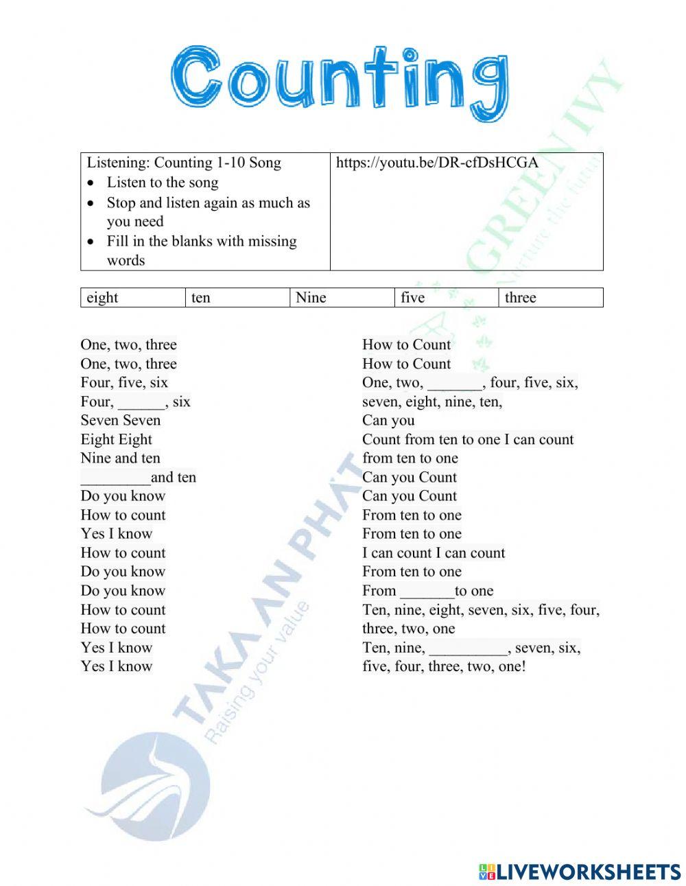 Counting interactive worksheet for A1 | Live Worksheets