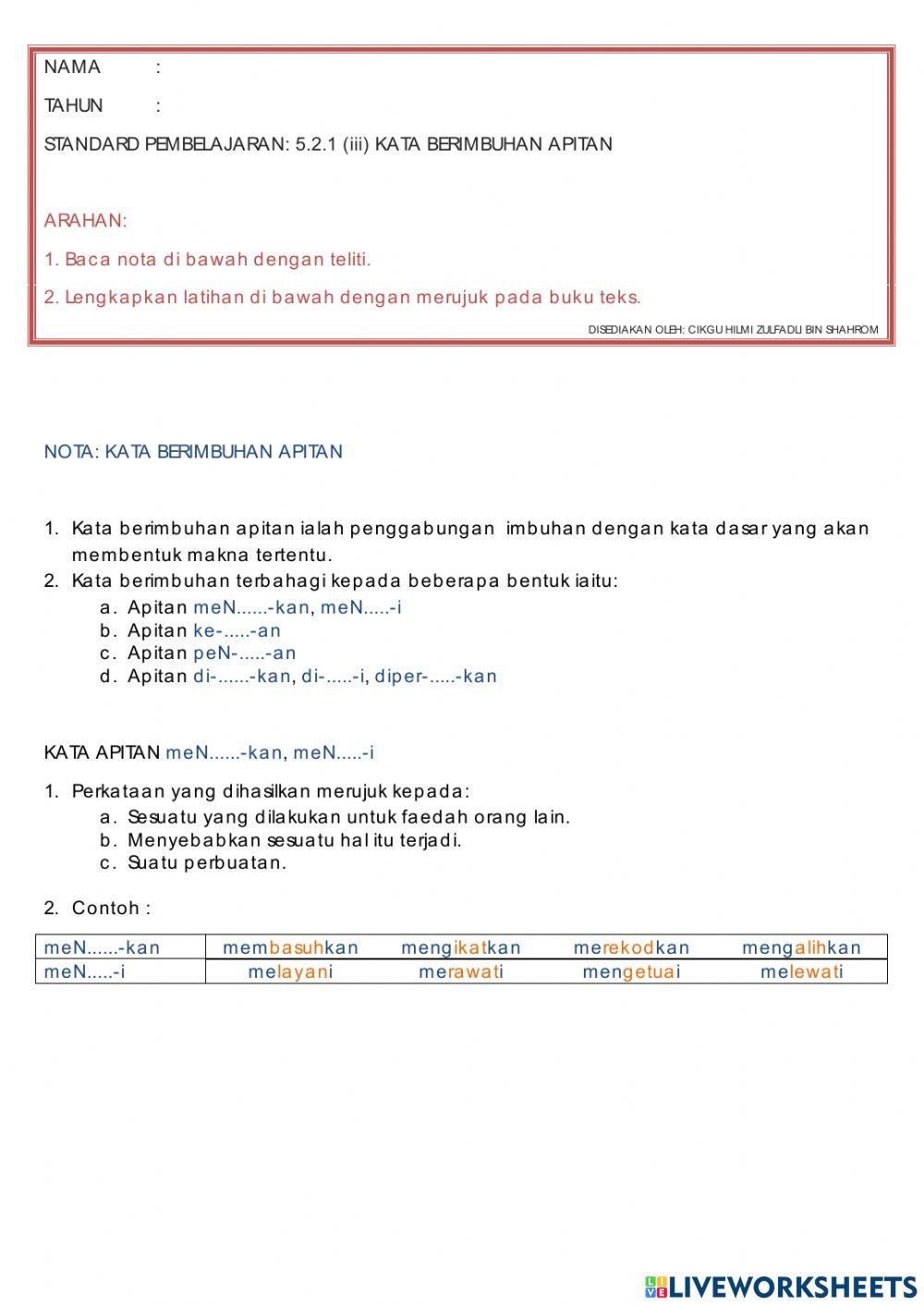 Kata berimbuhan apitan worksheet | Live Worksheets