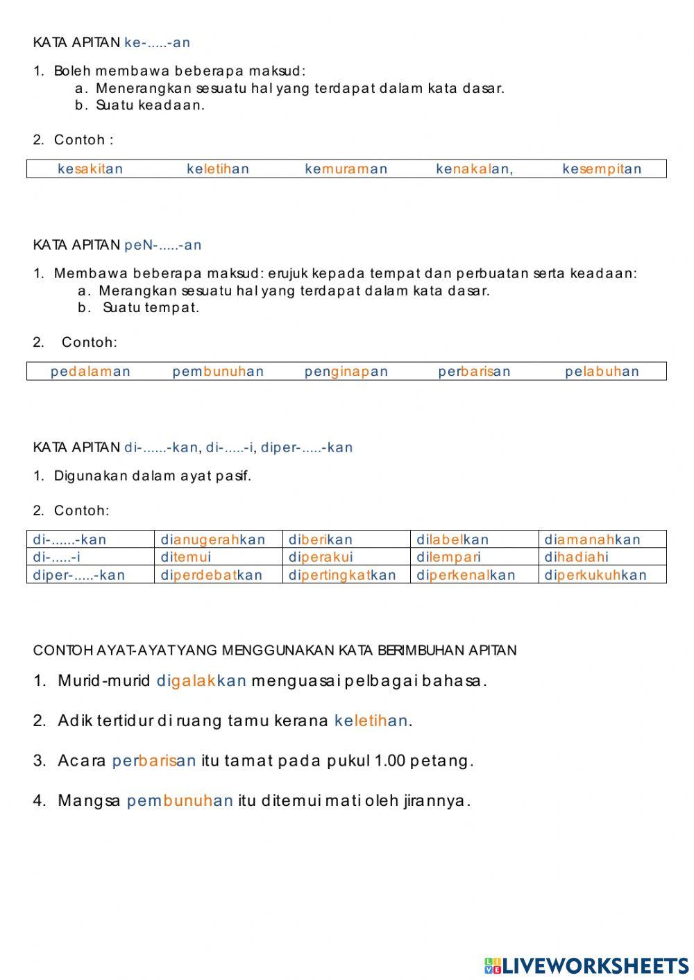 Kata berimbuhan apitan worksheet | Live Worksheets