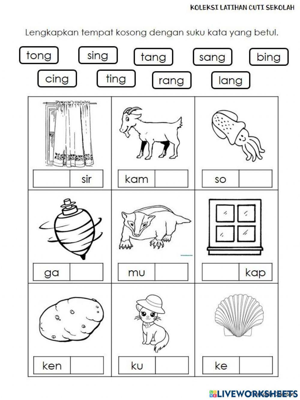 Suku kata terbuka -ng worksheet | Live Worksheets
