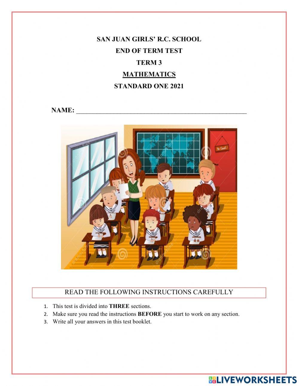 Standard One Britto Mathematics 2 End of Term Test online exercise for ...