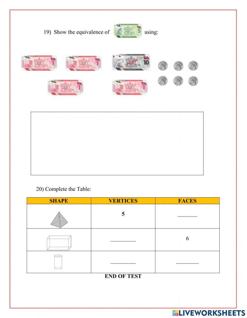 Standard One Britto Mathematics 2 End of Term Test online exercise for ...