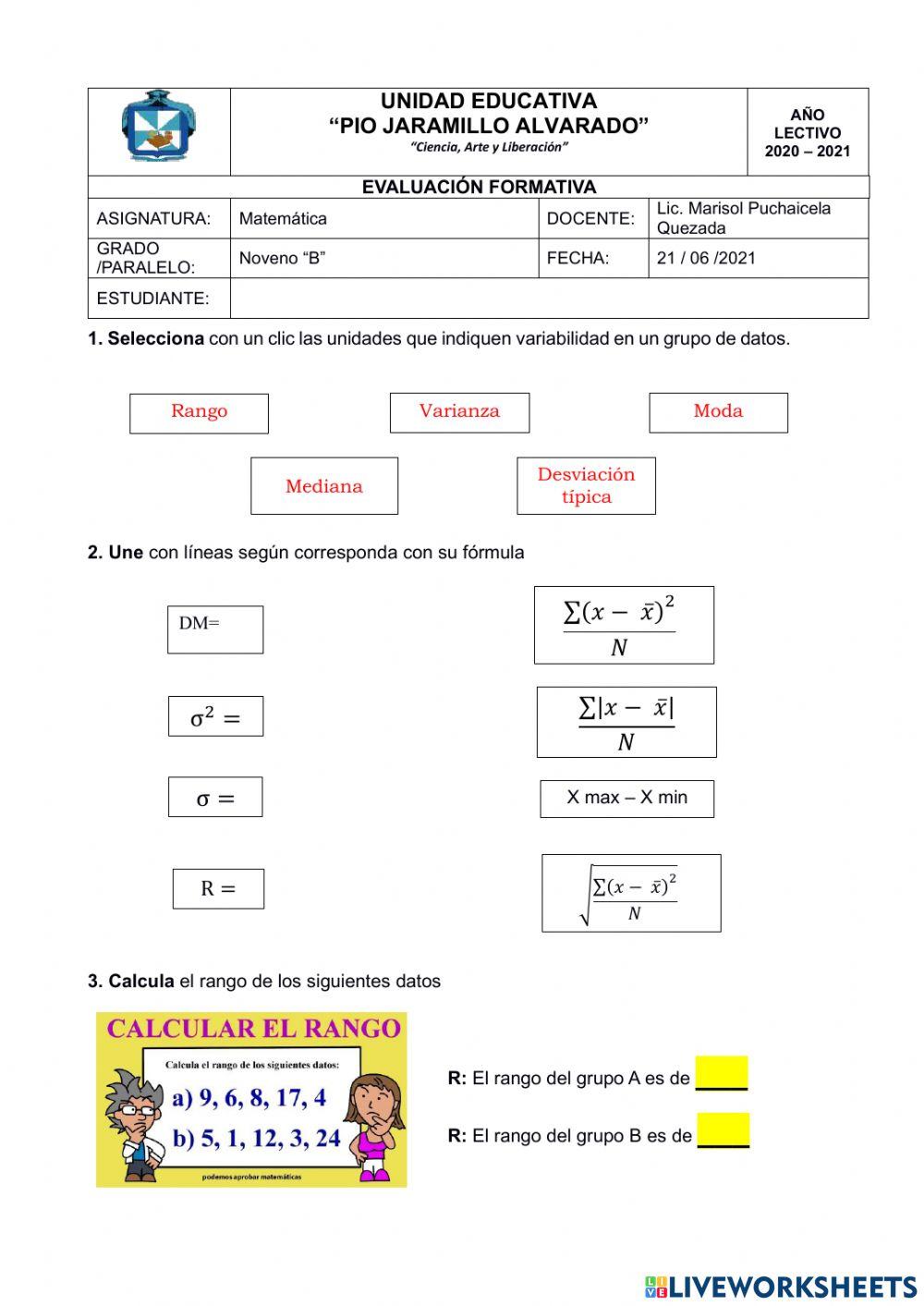Medidas de disp… | Free Interactive Worksheets | 1101642