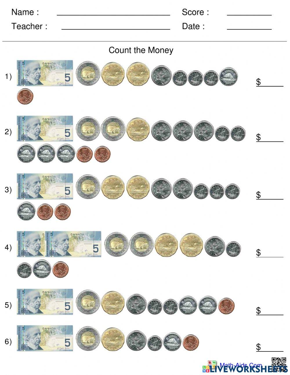 Counting monney worksheet | Live Worksheets