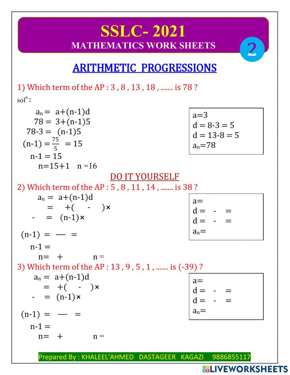 Arithmatic progression e-2 worksheet | Live Worksheets