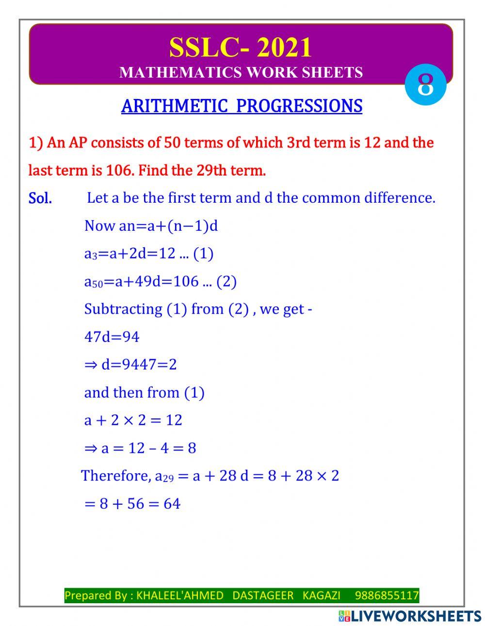 Arithmatic progressions E-8 worksheet | Live Worksheets