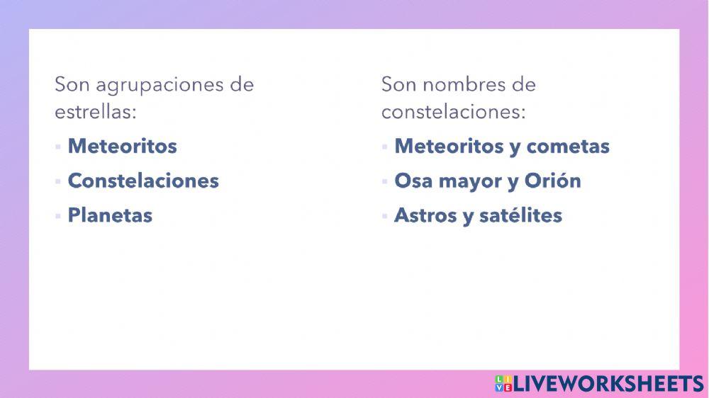 Los astros y galaxias worksheet | Live Worksheets
