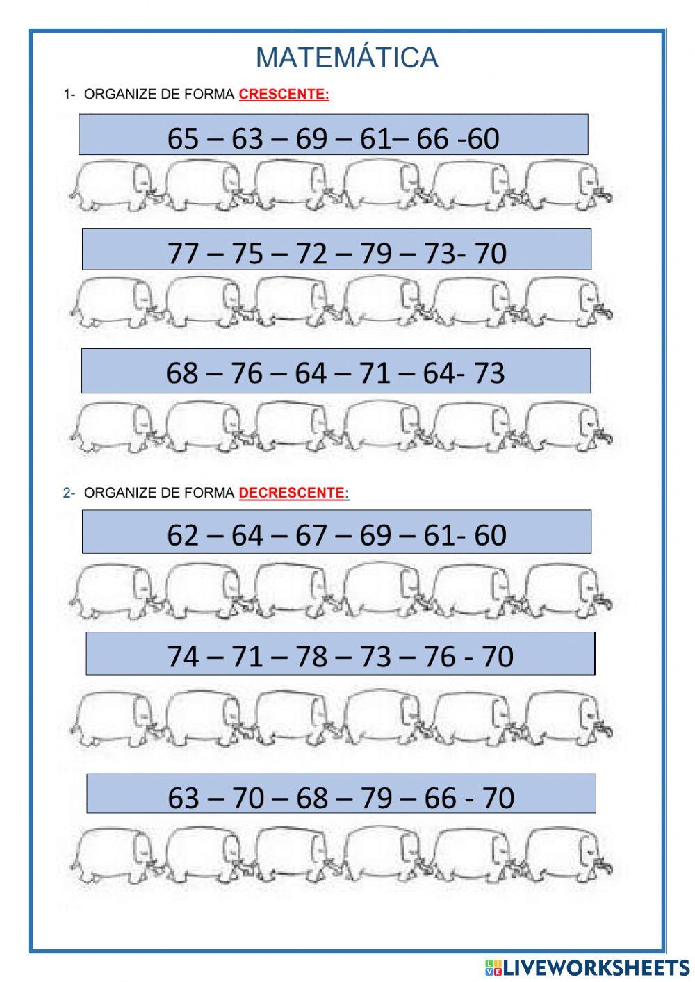 Ordem crescente e decrescente 4 worksheet | Live Worksheets