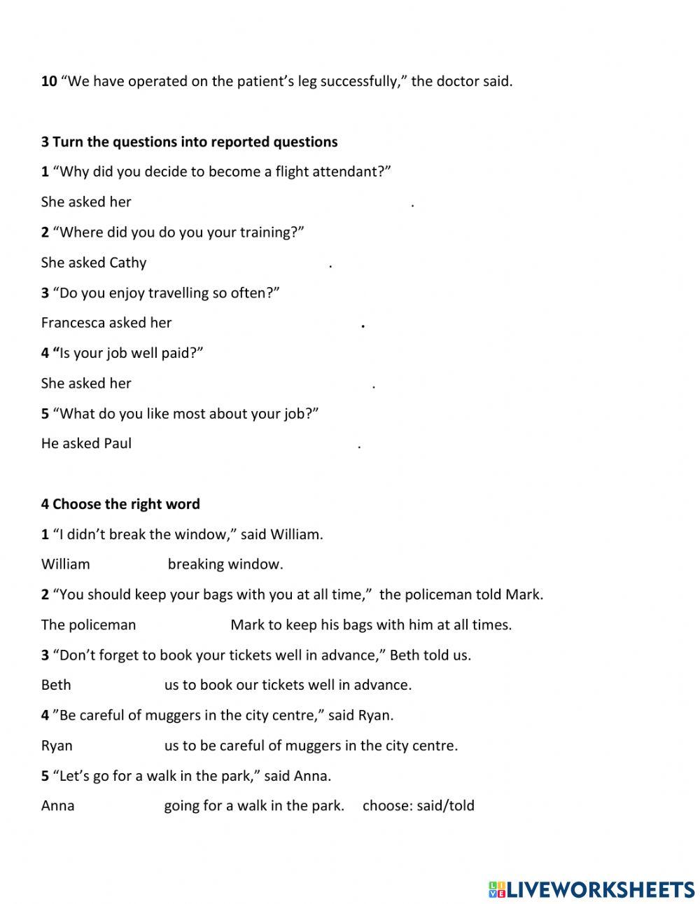 Reported speech online exercise for 9 | Live Worksheets