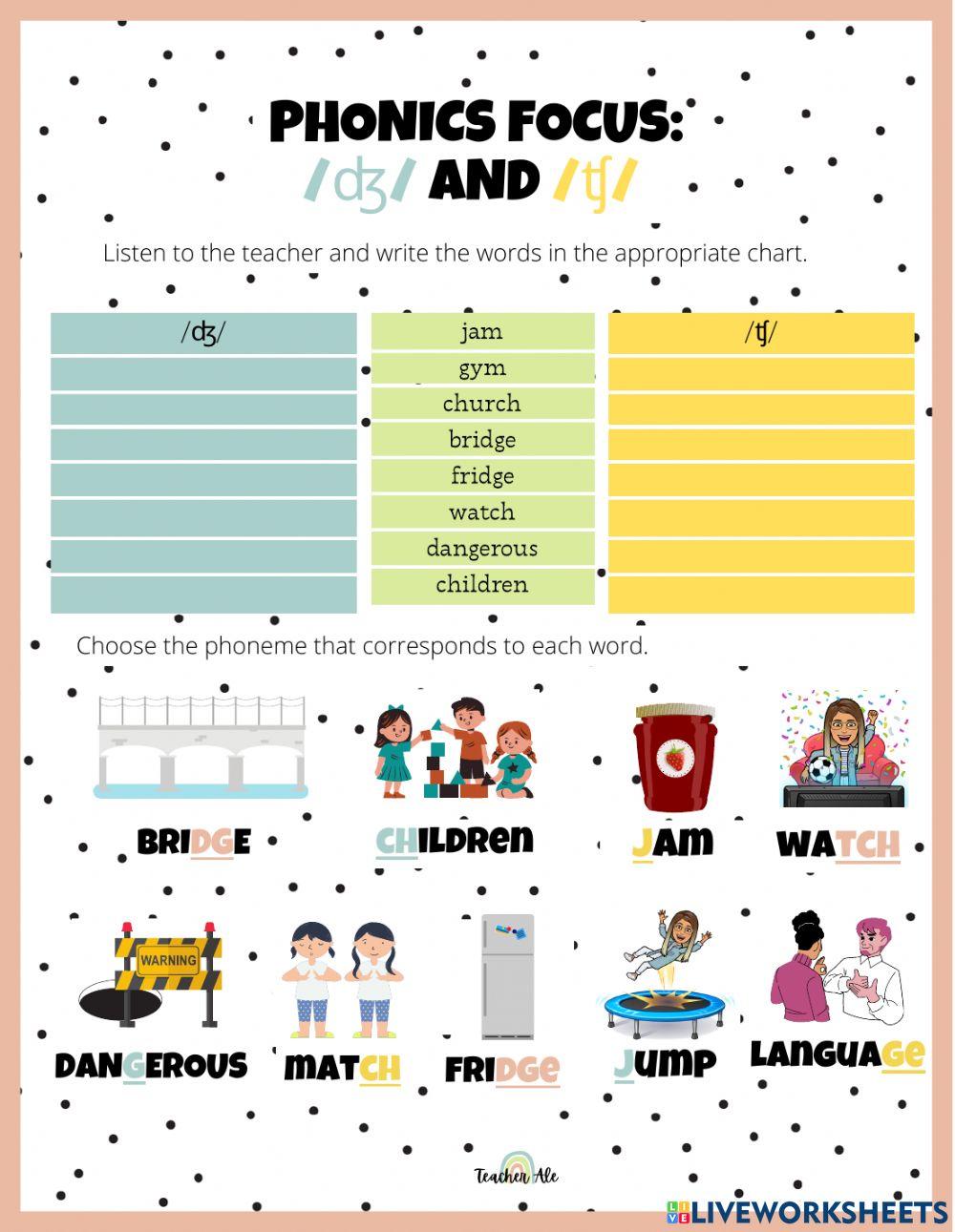 Phonics: -ʤ-&-ʧ- worksheet | Live Worksheets
