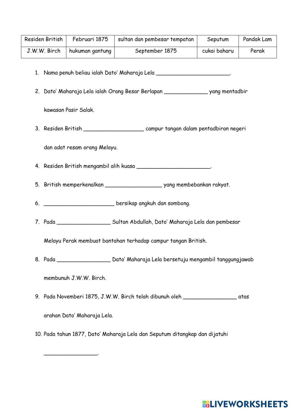 Dato' Maharaja Lela online exercise for | Live Worksheets